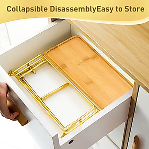 Thyle 2 Pcs 3 Tier Serving Trays Stand Rectangle Bamboo Tiered Serving Platters Dessert Table Display Set with 4 Pcs Tongs Trays with Metal Rack for Easter Wedding Party Food Cupcake(Gold)
