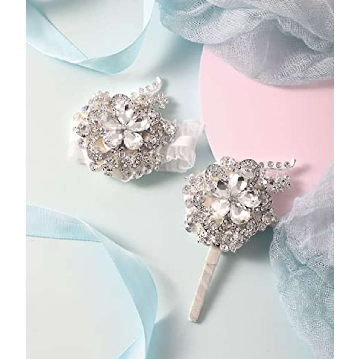 2 Pack Corsage Wristlet Luxury Dazzle Crystal Diamond Boutonniere Set Wrist*1 for bride and Corsage*1 for groom on Wedding Party