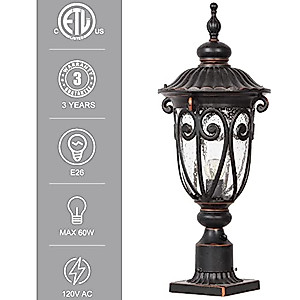 GOALPLUS Dusk to Dawn Outdoor Post Light Fixture 24" High Bronze Post Lantern with Pier Mount, Exterior Pole Lighting with Seeded Glass for Yard, Garden, Patio and Pathway, 2 Pack, LMMS0519-M-2P