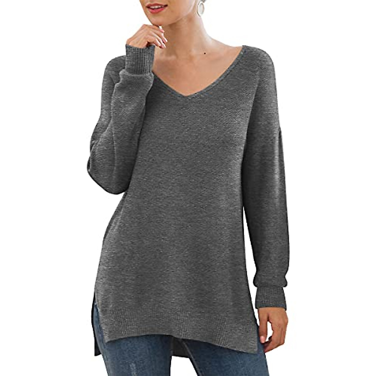GRECERELLE Women's V-Neck Long Sleeve Side Split Loose Casual Knit Pullover Sweater Blouse Dark Gray-Medium