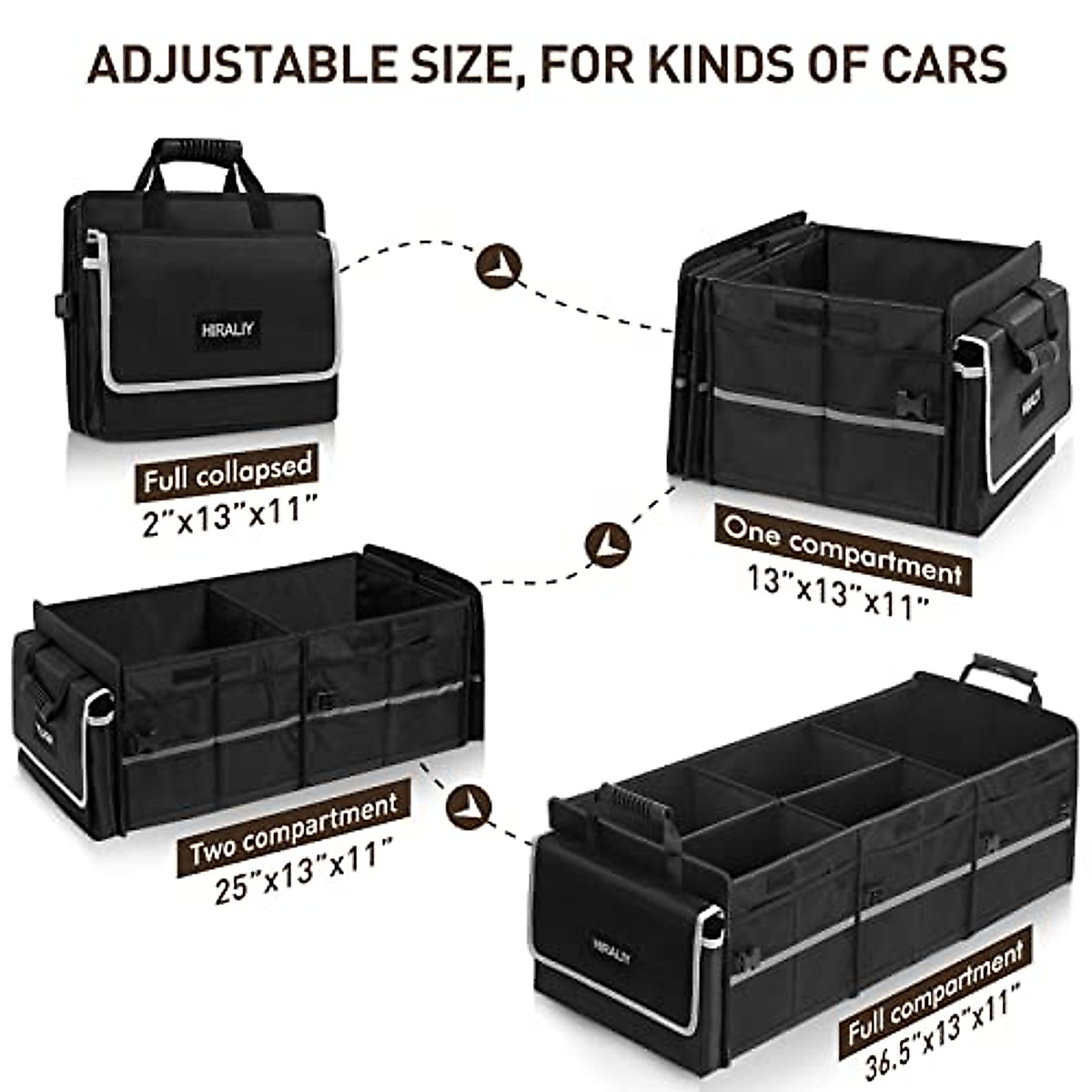 HIRALIY 4 in 1 Car Trunk Storage Organizer, Multi Compartment Collapsible Trunk Storage Box with Leakproof Insulated Bag for Car Truck SUV