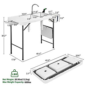 Allpop Folding Fish Cleaning Table with 2 Sinks, 42.5’’ Portable Camping Fish Fillet Station with Faucet, Spray Nozzle, Drain Hose, Storage Box, Built-in Drawer& Knife Groove for Picnic, White