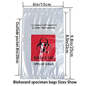 Daarcin Biohazard Specimen Bags,100pcs 6x9in/15x25cm with Biohazard Red Logo Printing, Ziplock Top Sample Bags with Outside Pocket Paperwork Pouch