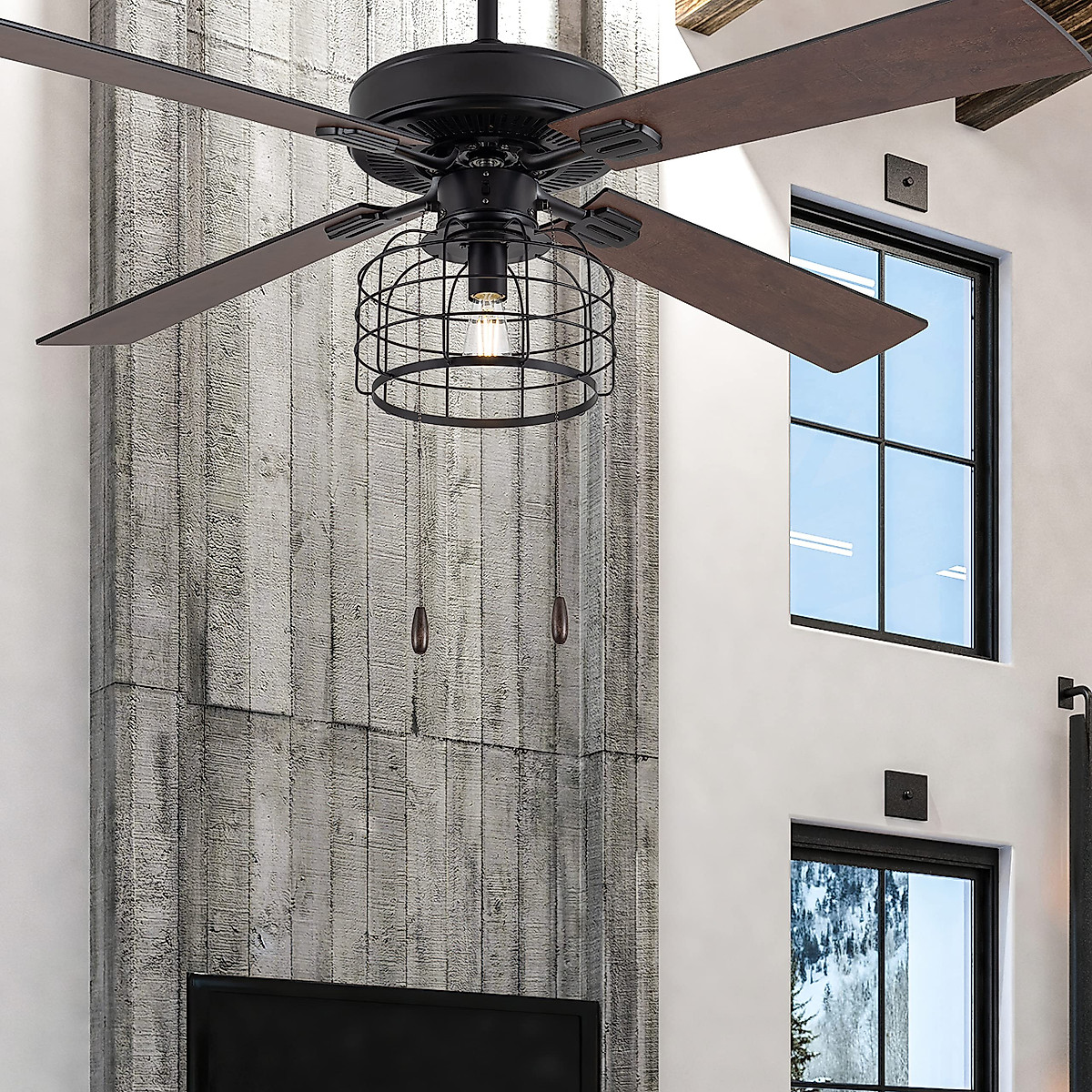 RIVER OF GOODS Industrial LED Ceiling Fan - 52" L x 52" W - Caged Ceiling Fan with Lights - Rich Barnwood/Black Fan Blades