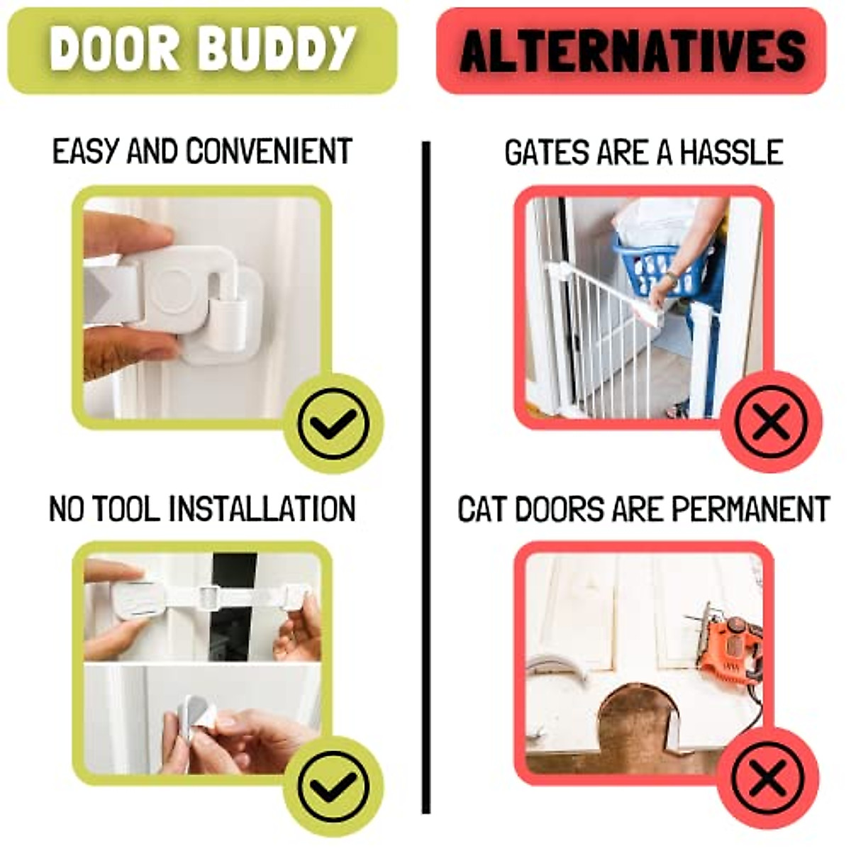 Door Buddy Adjustable Cat Door Latch - Grey 2 Pack. Pet Door Holder to Dog Proof Cat Litter Box & Keep Dog Out of Cat Food. Simpler Than Cat Gate or Interior Cat Door. Adjustable Door Strap for Pets