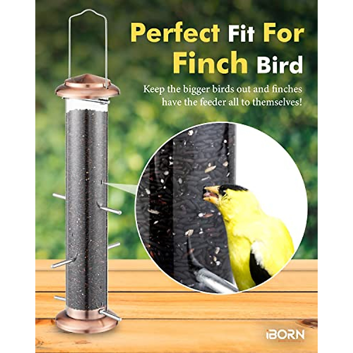iBorn Metal Bird Feeder Thistle Bird Feeder,Finch Feeders for Thistle Seed,Tube Feeder Hanging Hook 14 Inch Brushed Copper