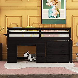 Twin Loft Beds with Storage Drawers Low Loft Bed Frame with Cabinet and Bedside Tray Wood Farmhouse Loft Bed for Kids Girls Boys Teens, Espresso
