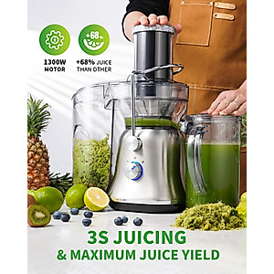 GDOR 1300W Powerful Juicer with Larger 3.4" Feed Chute, Titanium Enhanced Cutting System, Centrifugal Juice Extractor Maker with Heavy Duty Full Copper Motor, Dual Speeds, BPA-Free, Silver