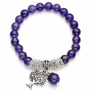 Jovivi 8MM Purple Amethyst Natural Gemstone Healing Crystals Point Life Tree Lucky Charm Stretch Bracelet