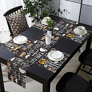 Rural Coffee Table Mats Set of 6 with Table Runner 70 Inches Long,Cotton Linen Tablerunner Burlap Kitchen Dining Placemats for Wedding/Coffee/Dress Party,Shabby Chic Esppresso Beans Cup Drinking