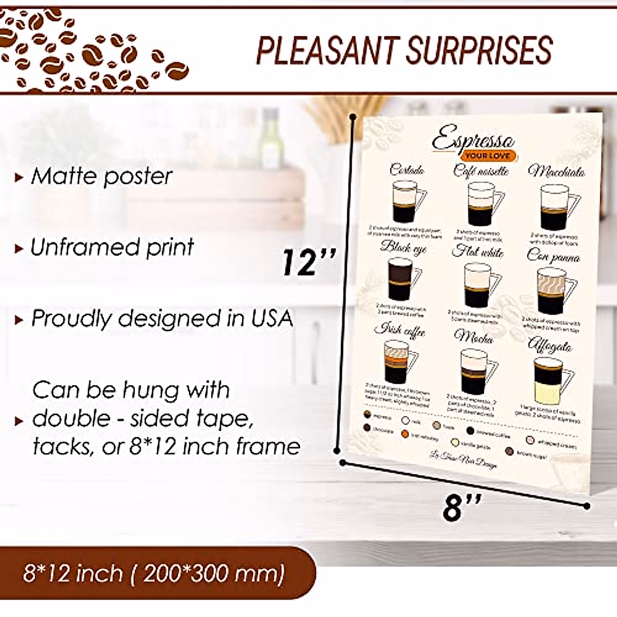 Porcelain Espresso Cups Set of 4 with Saucers - Comes with a Complimentary Espresso Drink Poster - Modern Dishwasher Safe Espresso Cup Set in Gift Box for any Occasion - 3.5 oz each, Ivory White.