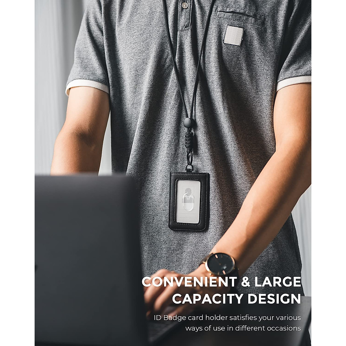 VULKIT ID Badge Holder with Lanyard for Women and Men Vertical Leather Badge Holder with Clear ID Window Card Holder Slot and Money Pocket Black