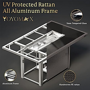Yoyomax 44-Inch Black Glass Top Firepit Table 60,000 BTU Flame, Hand Weave Rattan, Aluminum Frame, Wind Guard, Waterproof Cover & Fire Beads, Outdoor Fire Table for Patio, Garden, Resto Hotel