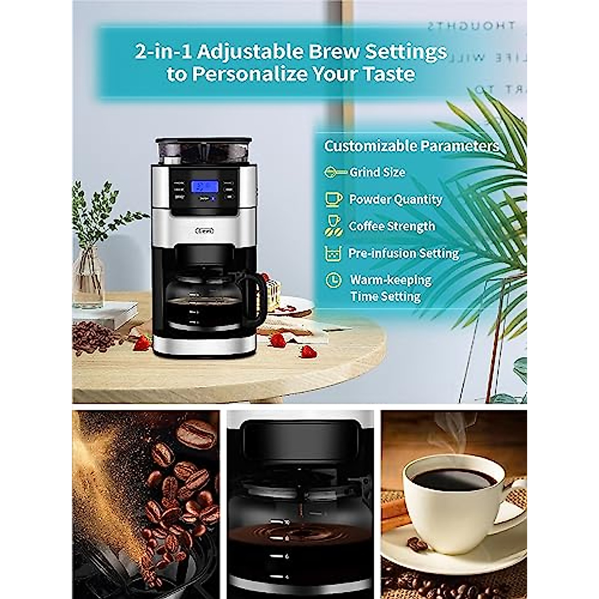 10-Cup Drip Coffee Maker, Brew Automatic Coffee Machine with Built-In Burr Coffee Grinder, Programmable Timer Mode and Keep Warm Plate, 1.5L Large Capacity Water Tank, Removable Filter Basket, 900W