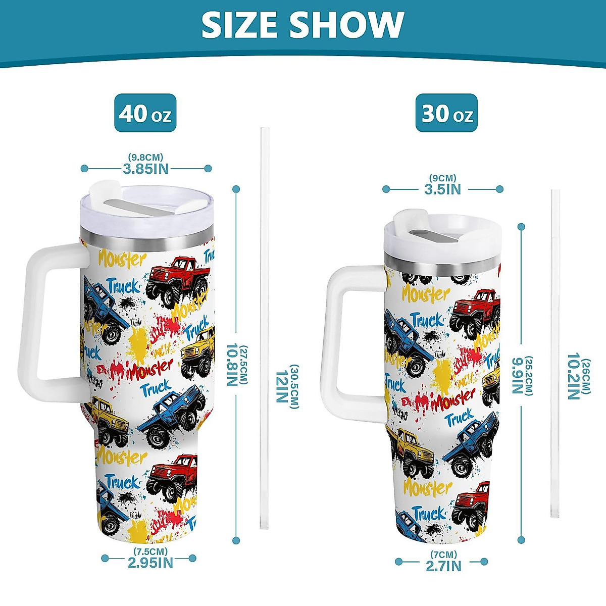 Emelivor Colorful Monster Trucks 30 oz Tumbler with Lid and Straw Insulated Tumblers with Handle Leak Proof Coffee Tumbler Mug Large Water Bottles for Hot or Ice Coffee Tea