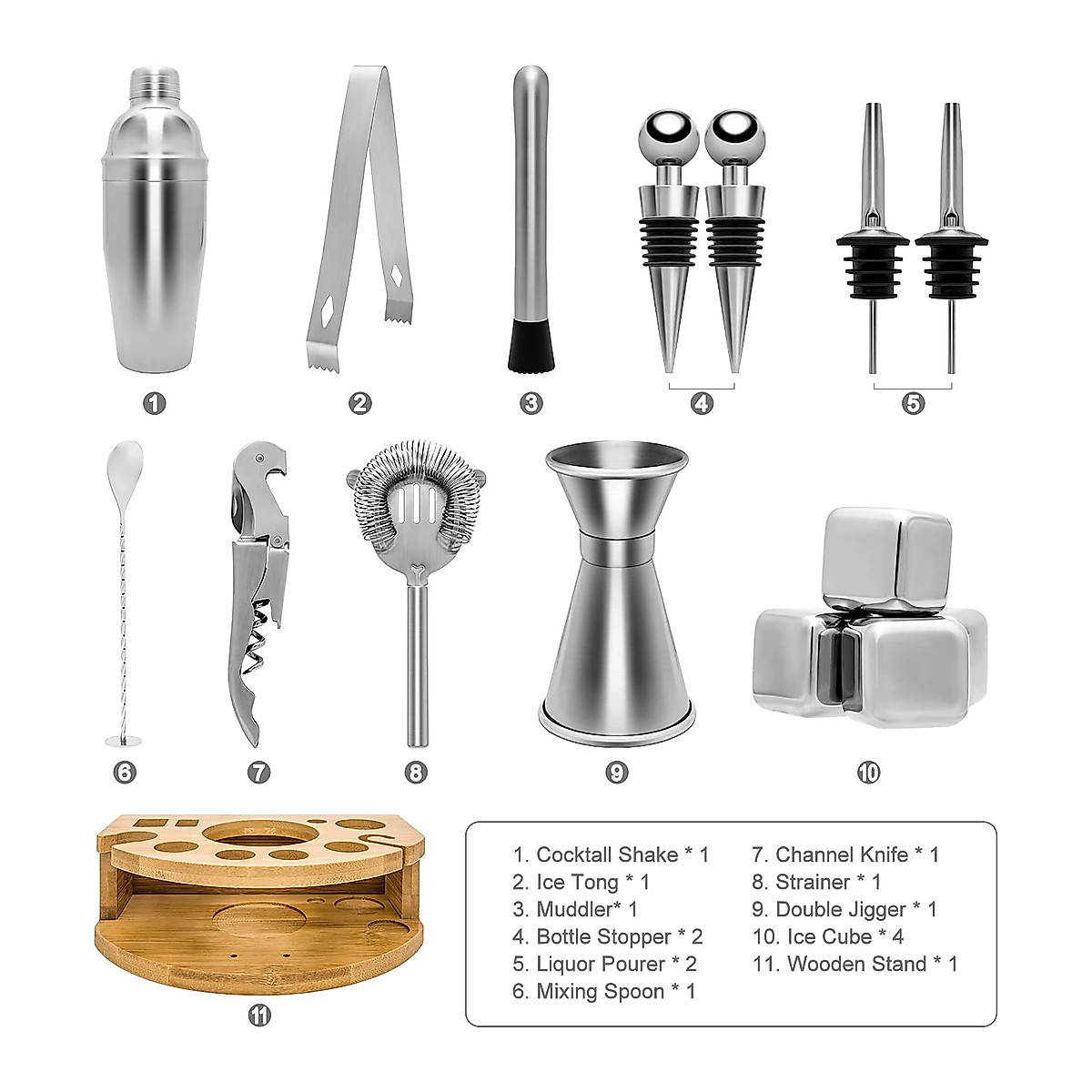 Wepikk Cocktail Shaker Set Mixology Bartender Kit 17 pcs Bamboo Stand Martini Whiskey Drink Mixer Vintage Cocktail Recipes and Whiskey Stones