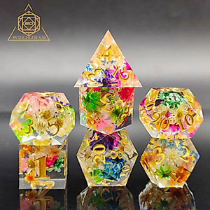 WZLHJRAR DND Dice Set - 7pcs D&D Dungeons and Dragons RPG Polyhedron with Sharp Edges Resin Dice MTG Pathfinder Tabletop Game Collection and Gifts D20 Black Storage Bag - Flower