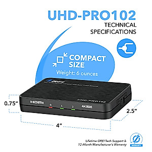 OREI 4K HDMI Splitter 1 in 2 out Mirror only with auto downscaling, Advanced EDID management & 3D support (UHD-PRO102)