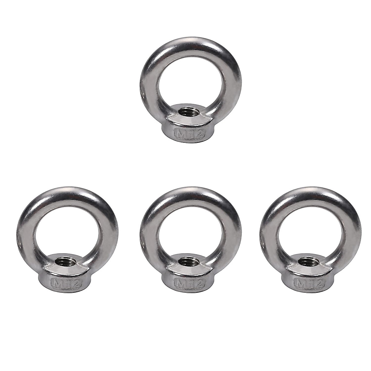 Aicosineg 4Pcs 304 Stainless Steel Eyebolts M12 Female Thread Ring Shoulder Metric EyeNuts Fastener Round Shape Lifting Eye Nut Fastener for Industrial Cables Rope Fitting Marine Silver Tone