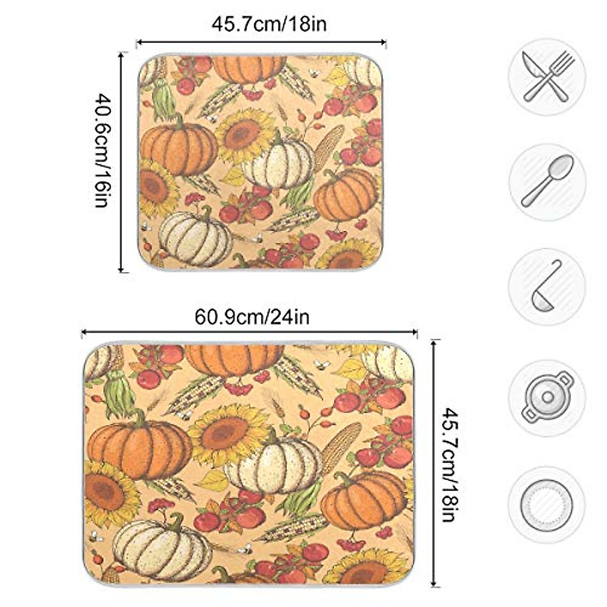 Dish Drying Mat for Kitchen Counter Absorbent Reversible Microfiber Sink Mats Large, Pumpkin And Sunflower 18x24 inch