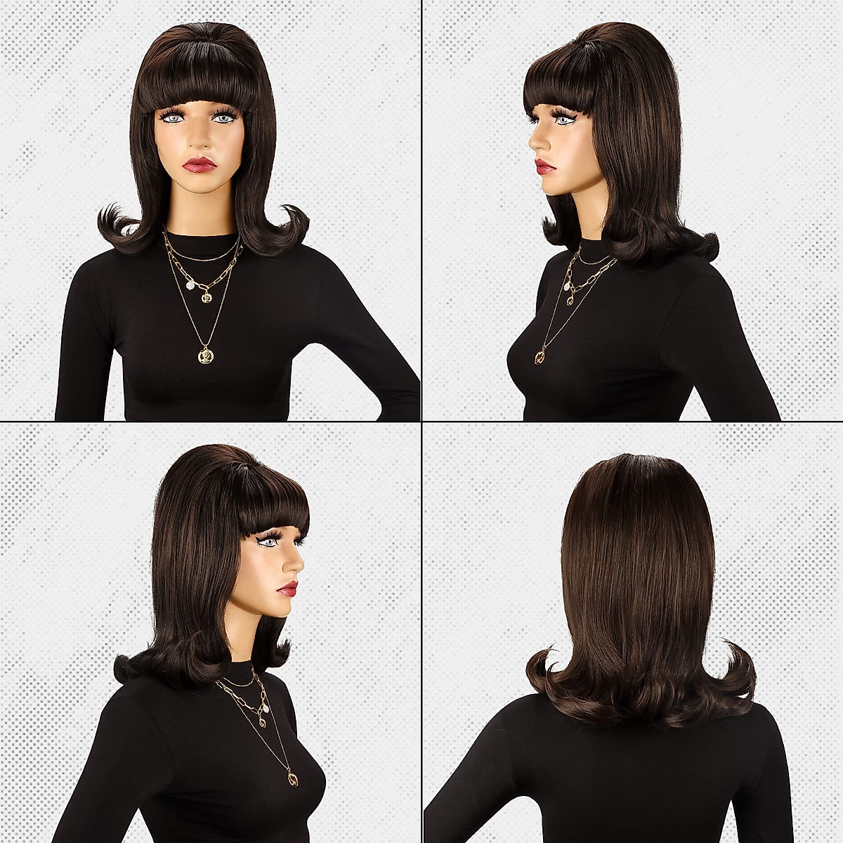 LONAI Retro Brown Wig 50s 60s 70s Wig with Bangs for Women Synthetic Hair for Halloween Costume Party