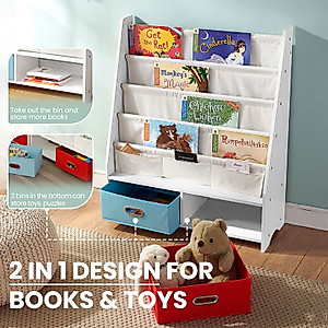 SEIRIONE Sturdy Kids Bookshelf, Children Display Rack, 4 Sling and 2 Storage Boxes for Toys Organizer, White/Wood Texture