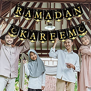 Ramadan Mubarak Banner Party Decorations Black Gold Moon Lantern Hanging Bunting Ramadan Kareem Hanging Banner Party Supply for Home Wall Window Door Fireplace Mantle Ramadan EID Party Favor