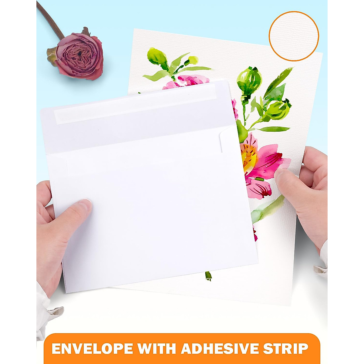 Watercolor Cards and Envelopes Set - 50 Folded 5x7 Inch Blank Heavyweight Paper Cards (140lb/300gsm) with Matching Envelopes for DIY Greeting Cards, Festivals, and Events