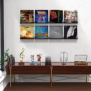 ILYXY Acrylic Vinyl Record Holder 8 Pack, 12 Inch Black Vinyl Record Wall Mount, Floating Vinyl Shelves Record Frames for Record Wall Display
