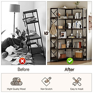 ONBRILL 6-Shelf Corner Bookshelf, 75.4" Industrial Wooden Bookcase with 4 Hooks, Large Display Rack Storage with Open Shelves and Metal Frame for Living Room Home Office