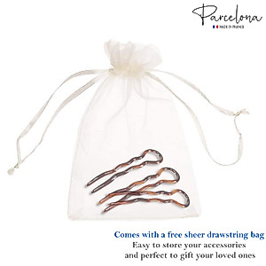 Parcelona French Sleek Brown Tortoise Shell Large 3 1/2" Celluloid Made in France Set of 3 Wavy Crink U Shaped Chignon Hair Pins Updo Bun Pin Sticks for Women and Girls