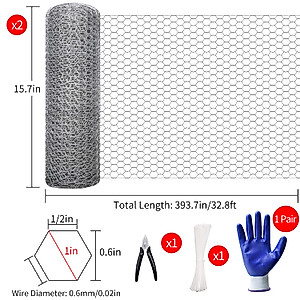 Chicken Wire, 2 Rolls of 15.7“ ×393.7” Chicken Wire Net for Craft, Chicken Wire Fence Mesh with Plier, Protective Gloves, Cable Zip Ties for Crafts Garden Poultry Chicken Coops Rabbit Rodent Cage