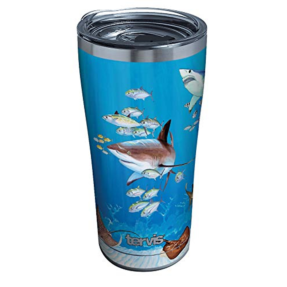 Tervis Triple Walled Guy Harvey Insulated Tumbler Cup Keeps Drinks Cold & Hot, 20oz - Stainless Steel, Shark Collage