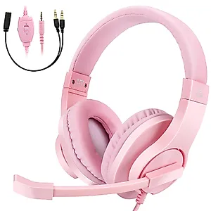 Pink Gaming Headset for Nintendo Switch, PS4, Xbox One,Laptop,PC,Tablets,Phones with Noise Cancelling Adjustable Mic, Soft Earmuffs Surround Sound 3.5mm Over Ear Headphones for Kids Teens Adults