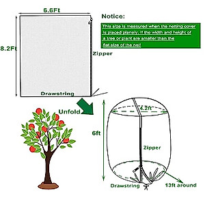 Large 6.6x8.2ft Garden Netting Plant Mulch Netting,with Zipper and Drawstring Garden Netting,Fruit Tree Netting,Protecting Fruits Flower from Birds(6.6ftx8.2ft,1PC)