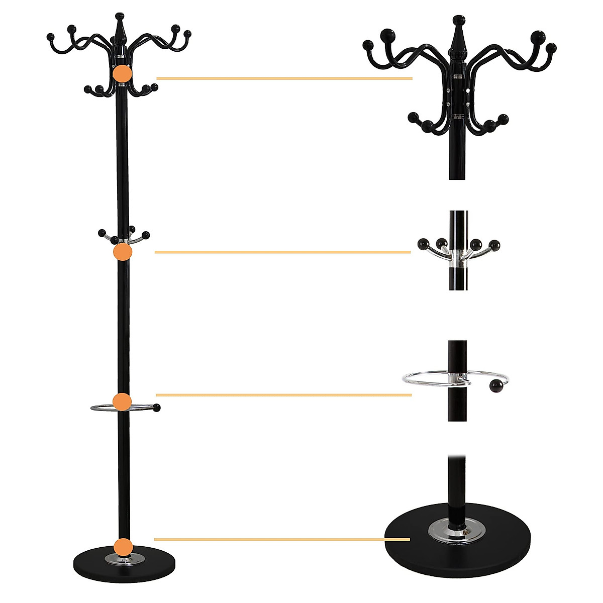Sifenma Vertical Metal Coat Rack Stand with Marble Base, Clothes Tree, 15 Hooks for Hanging Coats, Jackets, Bags, Home Entrance Hat Hanger Organizer, Umbrella Tree, Freestanding Hall Tree(Black)