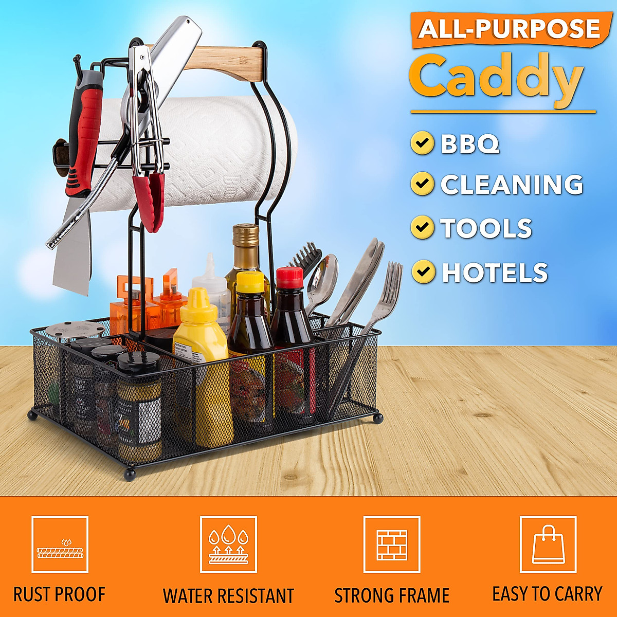 BBQ Caddy Grill For Organizing Utensils, Paper Towels, Accessories, Condiments, Kitchen Tools, Camping, Picnic, Outdoor Grilling, Heavy Duty Steel Frame Mesh Finley Crafted Bamboo Wood Carrying Handle