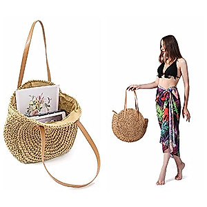Ayliss Women Straw Woven Tote Handbag Large Beach Handmade Purse Shoulder Bag Straw Beach Handbag (Round Khaki #2)