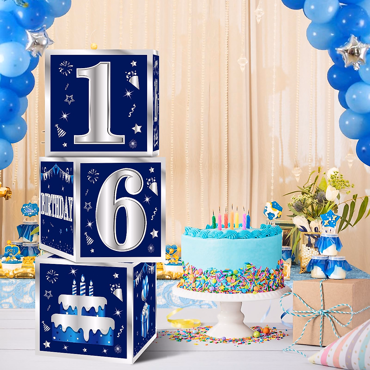 Turypaty 3 Packs Blue Silver 16th Birthday Decorations Boxes for Men Boys, Blue Navy Happy 16 Birthday Balloons Boxes Party Supplies, Sixteenth Years Old Bday Cardboard Box Decoration