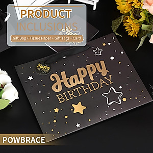 Powbrace Black Birthday Gift Bag with Tissue Paper and Greeting Card, 13'x10.2'x4.9', Medium (1-Piece Set, Black Starry Sky, Unisex, Includes Card, Ribbon, Crinkle Paper)