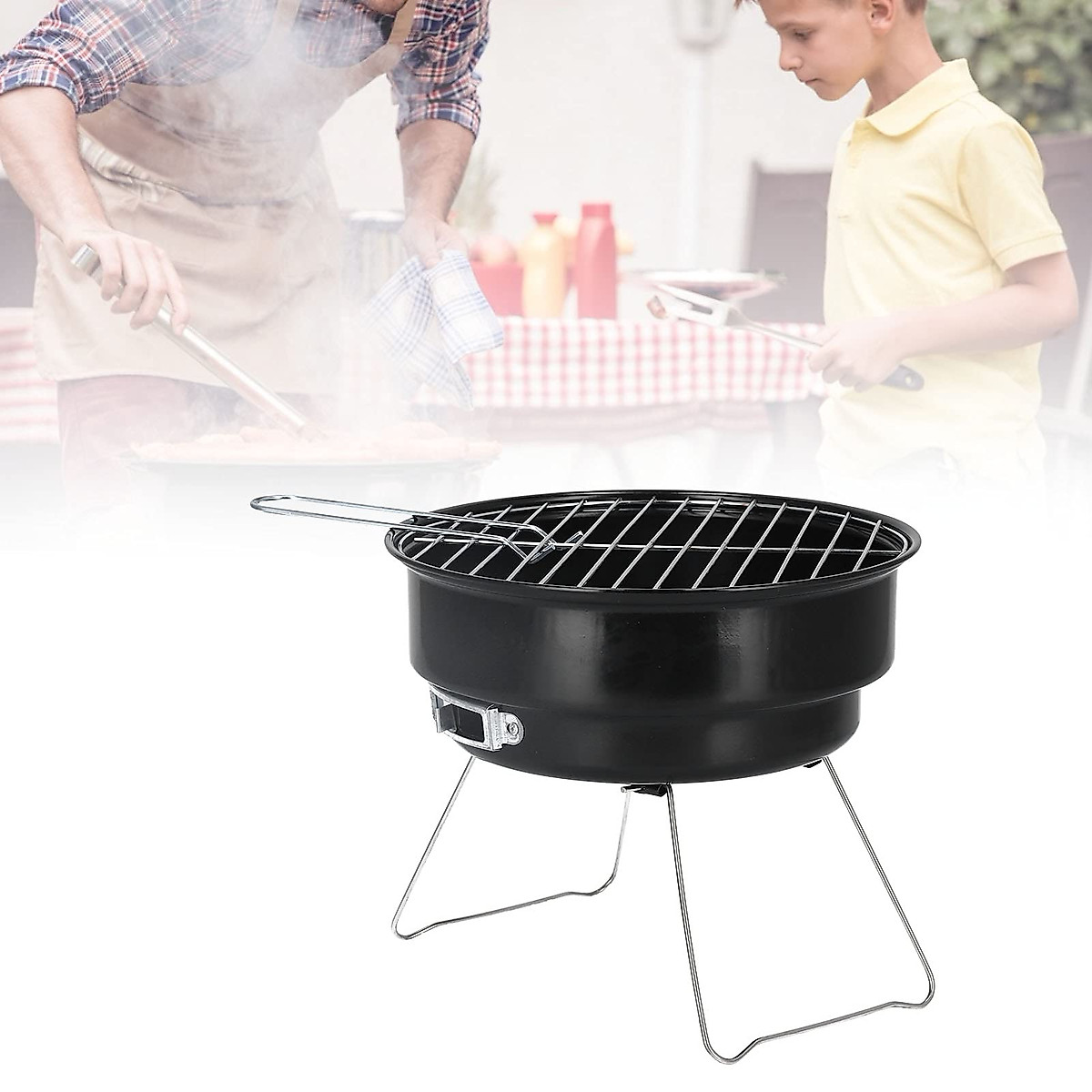 Mokernali Round Barbecue Grill, Portable Mini BBQ Grill Iron Charcoal Grill for Outdoor Cooking BBQ Camping Grill Coal Kettle Grill