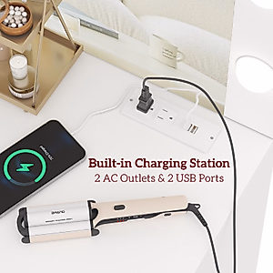 Irontar Vanity Desk with Charging Station, Makeup Table with Large Mirror, Makeup Vanity with Lights, Brightness Adjustable, Dressing Table Desk with 5 Drawers, Bedroom Vanity Table, White WDT010W