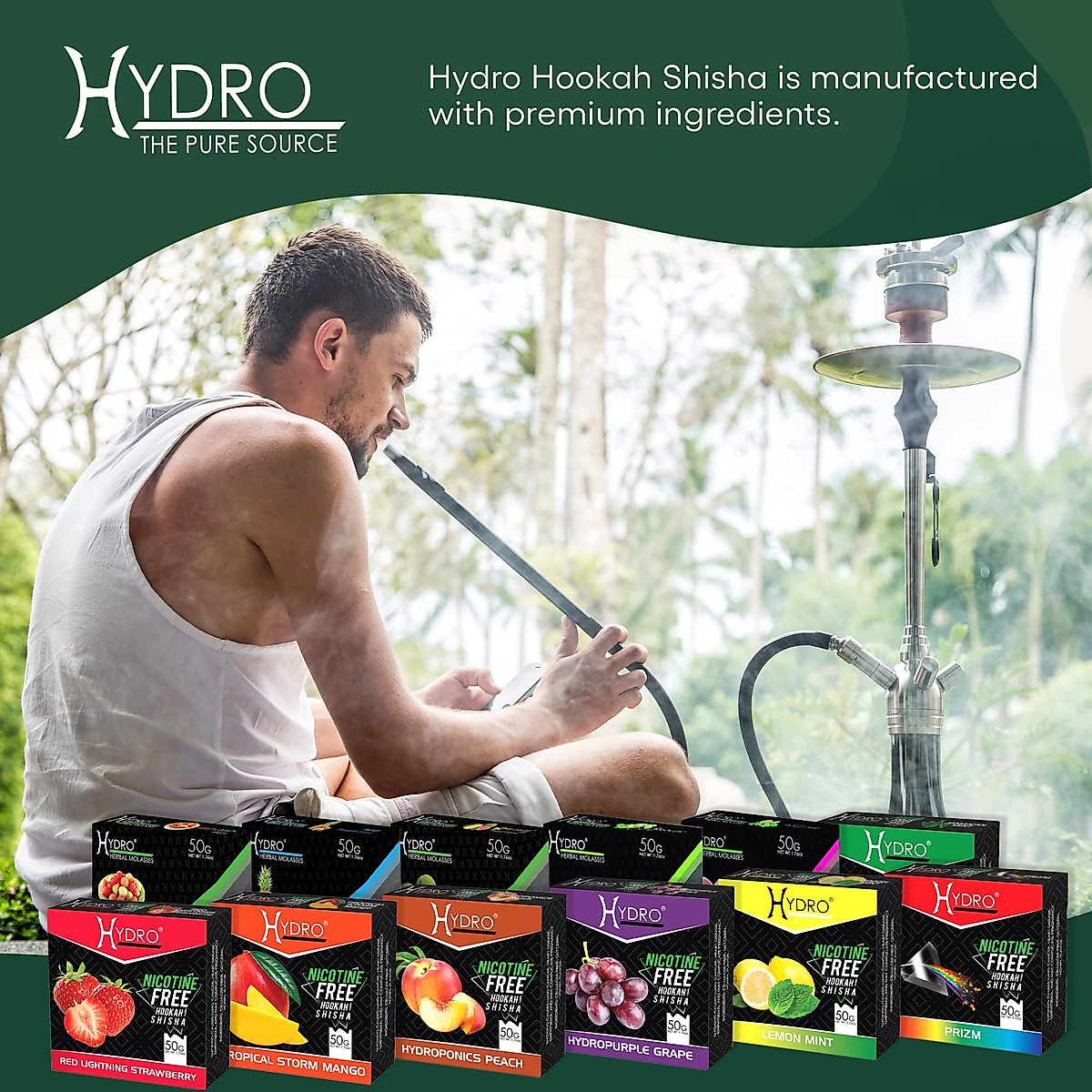 Hydro Hookah Flavors Shisha Strawberry, Mango, Peach, Grape, Melon, Coconut, Guava, Chocolate Mint, Lemon Mint, Jamaican Mint, Watermelon Mint Flavors & More, 50-Gram Packs (Pack of 12)
