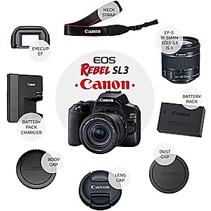 Canon EOS Rebel SL3 Digital SLR Camera (Black) + EF-S 18-55mm f/4-5.6 IS STM Lens + 58mm 2X Professional Telephoto & 58mm Wide Angle Lens + 64GB Memory Card + DC59 Case + Tripod + Slave Flash + Remote