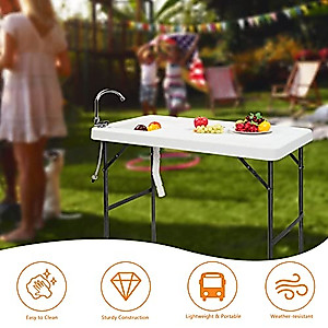 Outvita Fish Cleaning Table, Folding Portable Camping Table with Sink Stainless Steel Faucet Drainage Hose for Garden Patio Backyard BBQ White