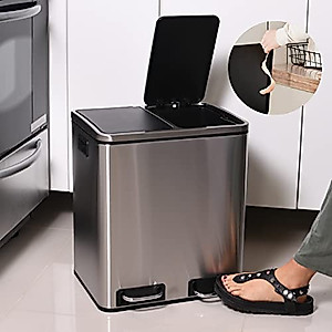 AWENN - Dual Kitchen Garbage Trash Can with Lid and Pedal - Touchless Round Shape Waste Bin - Stainless Steel Dustbin for Kitchen, Bathroom, Office and Outdoors – Black (7.9 Gallon – 30 Liters)