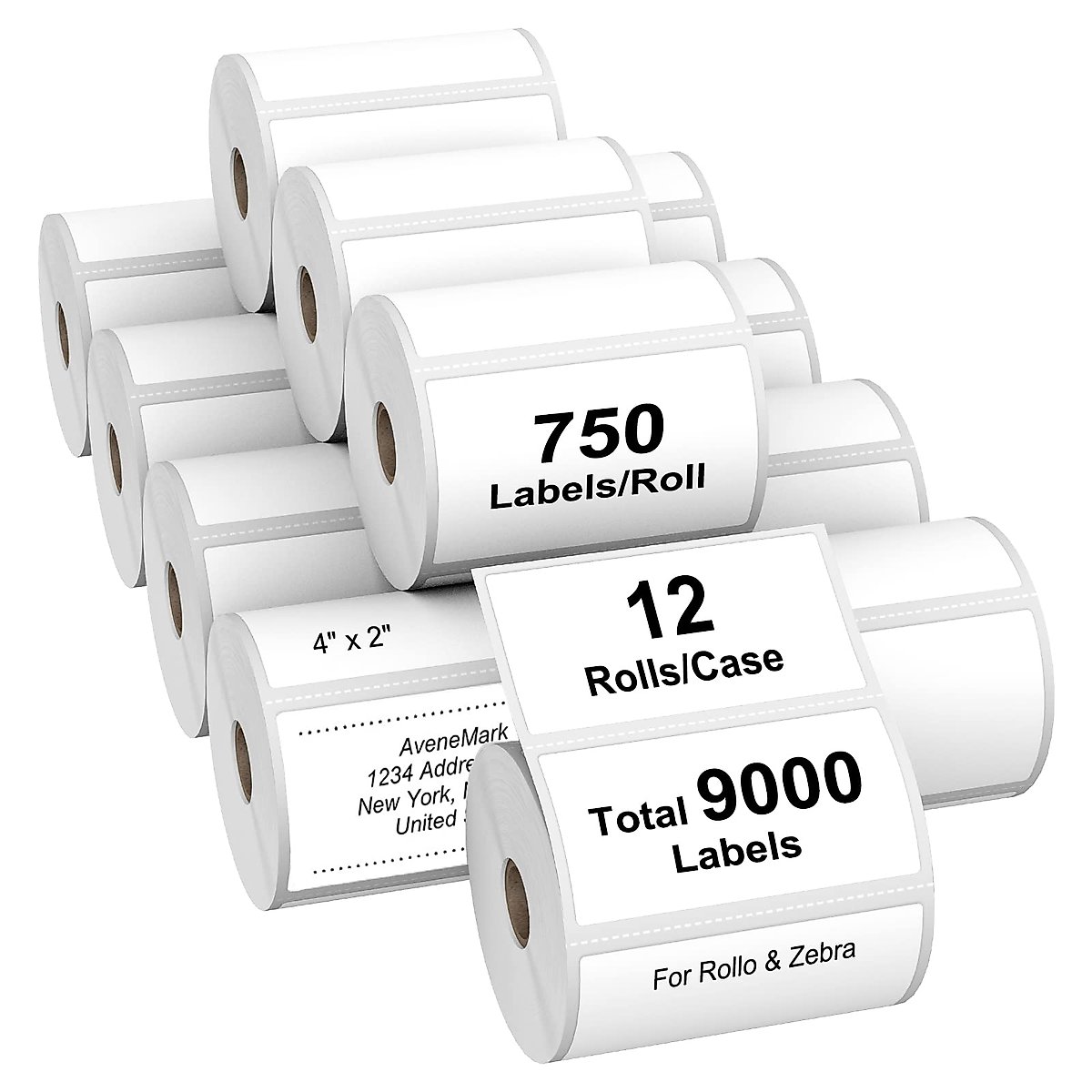 AveneMark 12 Rolls 4" x 2" Direct Thermal Labels for Barcodes Postage Address Shipping Labels Compatible with Rollo & Zebra Desktop Printers Adhesive - 750 Labels/Roll