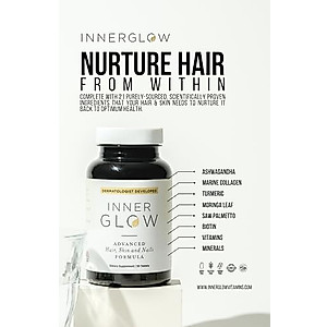 Inner Glow Advanced Hair, Skin & Nails Formula - Dermatologist and Plastic Surgeon Developed, clinically Tested for visibly Stronger and Thicker Hair in 12 Weeks