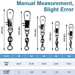 ReeMoo 200PCS Fishing Rolling Ball Bearing Barrel Swivel with Safety Snap Connector Fishing Accessories #2#4#6#8#10