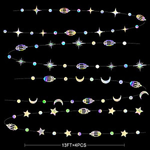 Iridescent Eid Mubarak Ramadan Decorations Hanging Rainbow Star Moon Circle Dot Crescent Lamp Garland Streamer Banner Backdrop Decorations for Happy Ramadan Muslim Islam Birthday Wedding Party